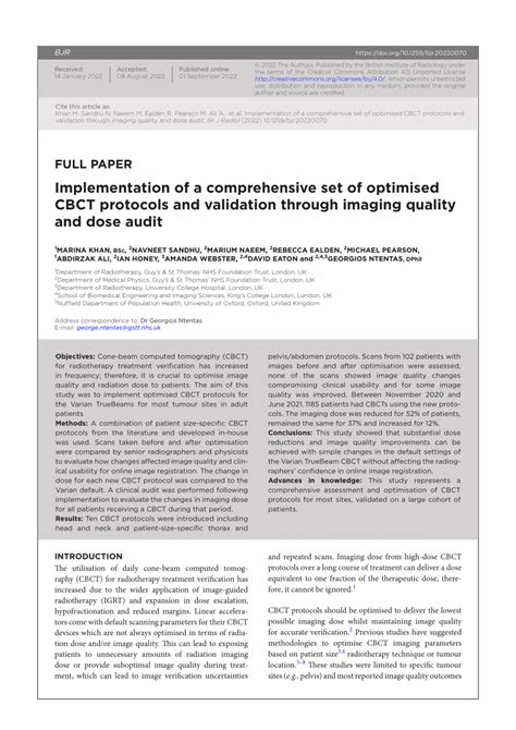 PDF Implementation Of A Comprehensive Set Of Optimised CBCT Protocols And Validation Through