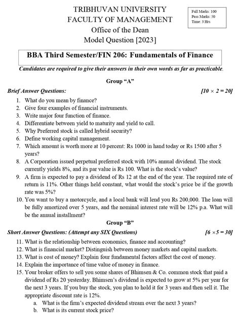 Bba Third Semester Model Questions 2023 Edusanjal