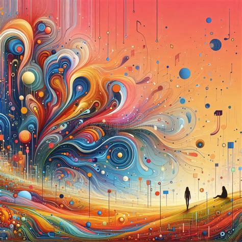 Vibrant Abstract Art With Swirling Patterns And Figures Walking Stock Illustration