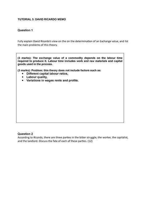 Economics 2C Tut 3 Memo TUTORIAL 3 DAVID RICARDO MEMO Question 1 Fully Explain David Ricardo