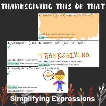 Thanksgiving Simplifying Expressions Activity Distribute Combine Math Algebra