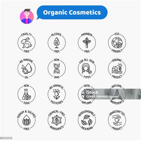제품 포장을위한 얇은 라인 아이콘의 유기 화장품 세트 잔인한 무료 0 알코올 천연 성분 파라벤 무료 환경 친화적 인 미네랄 오일 없음 비 Gmo 현대 벡터 그림입니다