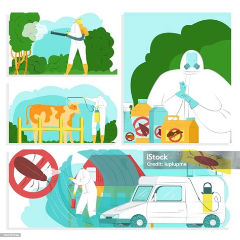 스프레이 장비 벡터 일러스트레이션을 갖춘 해충 방제 만화 곤충으로부터의 화학적 보호 독성 방지에 의한 안전 서비스 배너 세트 개념에 대한 스톡 벡터 아트 및 기타 이미지