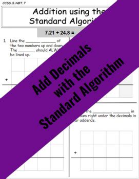 Adding Decimals With The Standard Algorithm CCSS 5 NBT 7 TPT
