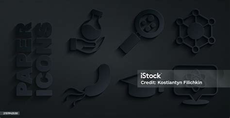 Set Graduation Cap Molecule Bacteria Atom Microorganisms Under Magnifier And Test Tube Icon