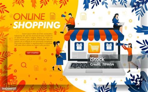 온라인 쇼핑 웹 사이트 디자인 사람들은 노트북 개념 벡터 Ilustration으로 온라인 쇼핑을하고 있습니다 랜딩 페이지 템플릿 Ui 웹 모바일 앱 포스터 배너 플레이어
