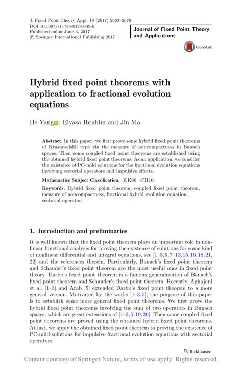 Hybrid Fixed Point Theorems With Application To Fractional Evolution Equations Request Pdf