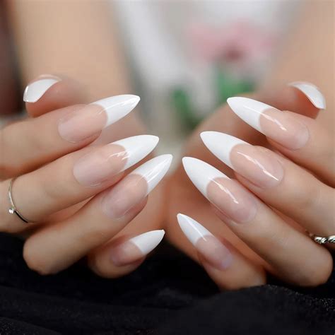 Buy White French Tips Fake Nails Extra Long Stiletto False Nails Natural