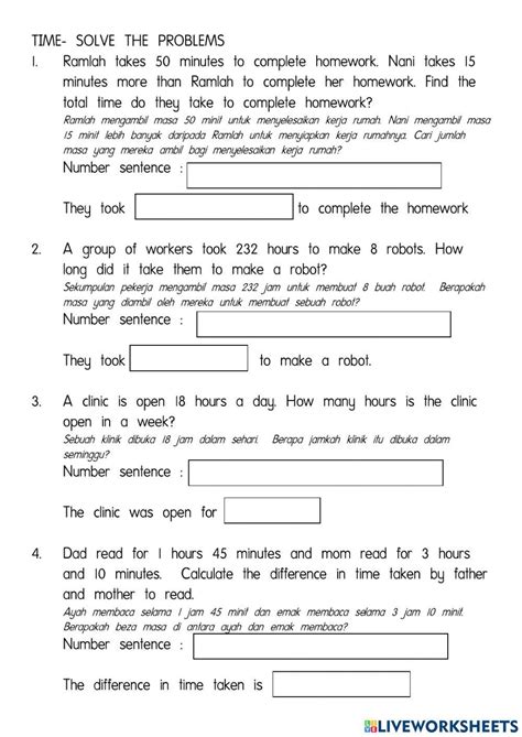 problem solving of time year 3 worksheet live worksheets