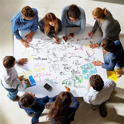 A Group Of Colleagues Brainstorming Around A Whiteboard Covered With