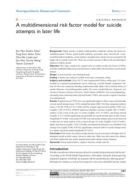 Pdf A Multidimensional Risk Factor Model For Suicide Attempts In Later Life