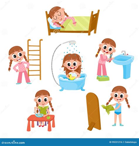 Ежедневный комплект режима утра маленькая девочка шаржа Иллюстрация