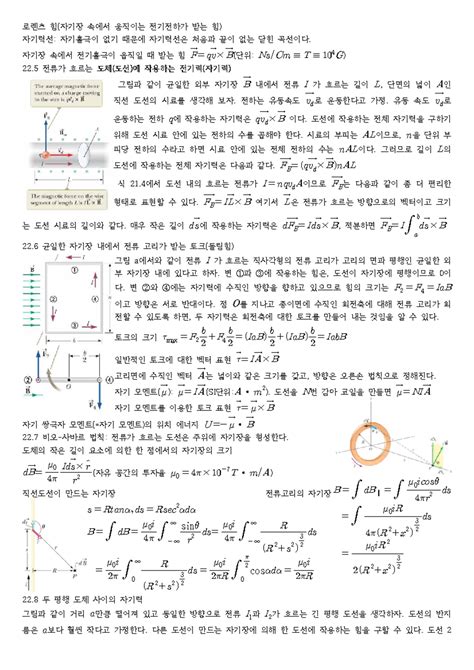 물리2 일단 교과서 정리부터 요약문 일반물리학및실험2 로렌츠 힘 자기장 속에서 움직이는 전기전하가 받는 힘 자기력선 자기홀극이 없기 때문에 자기력선은 처음과 끝이