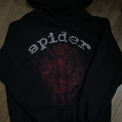 Rhinestone Sp5der Hoodie Black And Red Size Depop