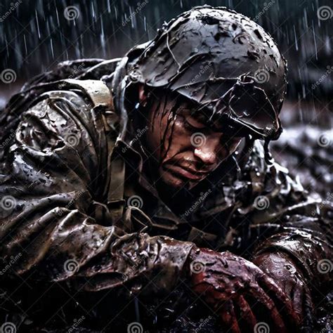Exhausted Soldier Kneeling In The Rain During A Tough Battle Stock