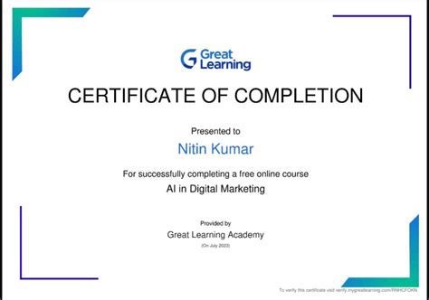 Certificateofachievement Continuouslearning Artificialintelligence Digitalamarketing Nitin