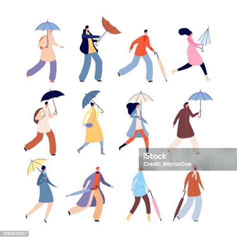 우산을 가진 사람들 비오는 가을 도시 거리 젖은 사람 캐릭터 비에 고립 된 남자 여자 야외 산책 벡터 일러스트 비에 대한 스톡 벡터 아트 및 기타 이미지 Istock