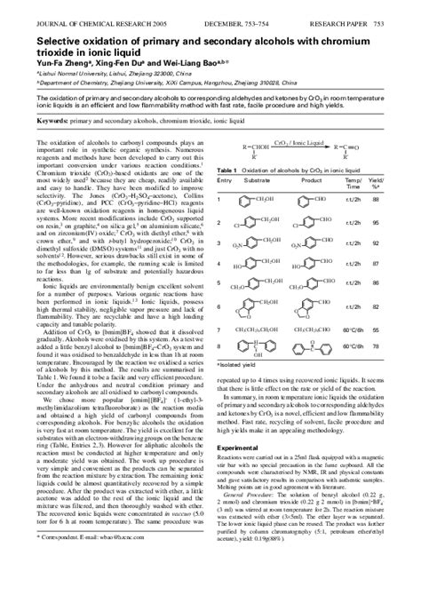 Pdf Selective Oxidation Of Primary And Secondary Alcohols With Chromium Trioxide In Ionic