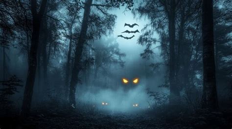 Mysterious Fog Glowing Eyes And Flying Bats In A Haunted Forest