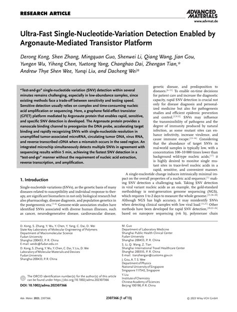Ultra‐fast Single‐nucleotide‐variation Detection Enabled By Argonaute‐mediated Transistor
