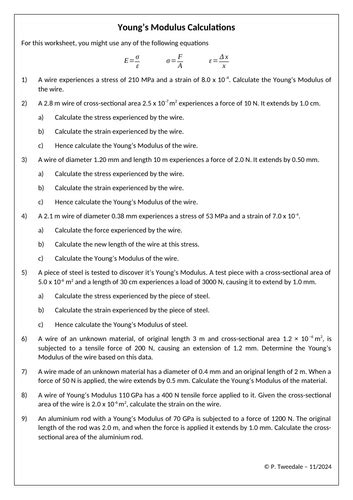 Youngs Modulus Calculations Teaching Resources