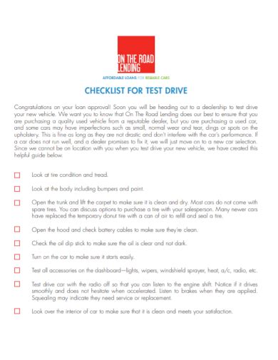 Free 8 Road Test Checklist Samples In Pdf