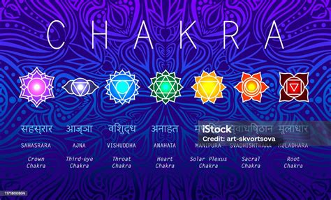 기본 인간의 차크라 시스템 7 차크라 인체의 일곱 차크라 기호의 집합 뿌리 배꼽 태양 신경총 심장 목구멍 제 3의 눈 크라운 심장에 대한 스톡 벡터 아트 및 기타 이미지