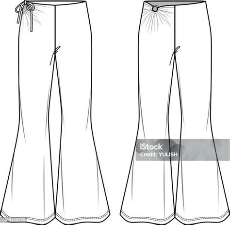 숙녀 패션 Cad 스케치 템플릿 여성 바지 기술 도면 트렌디 한 레깅스 플랫 모의 벡터 플레어 팬츠 저지 또는 직물 바지 에서와 뒤보기에서 백색 색깔 0명에 대한 스톡 벡터