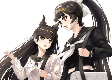 배경 화면 애니메이션 소녀들 Azur Lane Takao Azur Lane Atago Azur Lane 긴 머리 포니 테일 흑발 동물 귀 two women