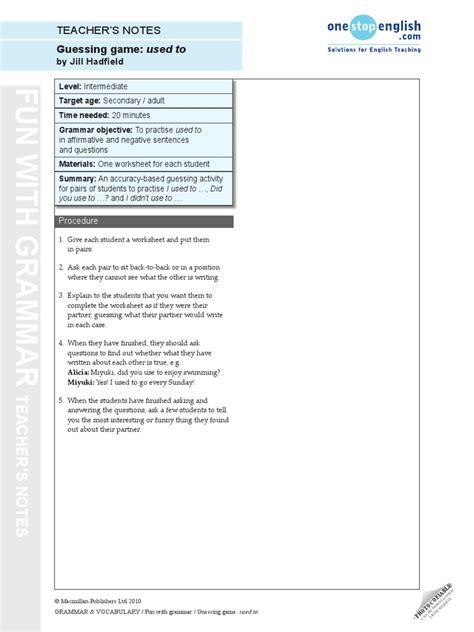 Guessing Game Used To Teachers Notes Pdf Linguistics Cognitive Science