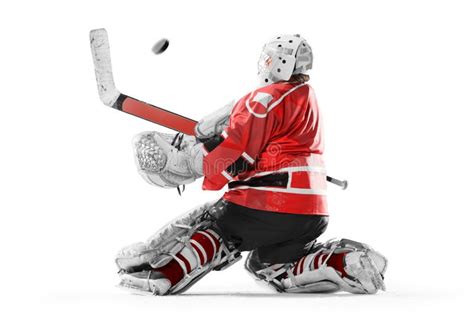 Professional Ice Hockey Player Goalkeeper In Action On White Backgound