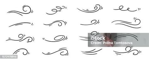 낙서 바람 선 스케치 세트입니다 손으로 그린 낙서 바람 운동 공기 불기 소용돌이 요소 스케치 그려진 공기 불어 모션 연기 흐름 예술 추상적인 선 분리된 벡터 산들바람에 대한