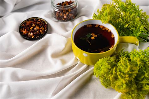 허브와 열매에 민트와 붉은 향기로운 차 흰색 완두콩에 손잡이와 녹색 찻잔에 마른 과일과 열매가있는 항아리에서 플레이스 근처 0명에 대한 스톡 사진 및 기타 이미지 Istock