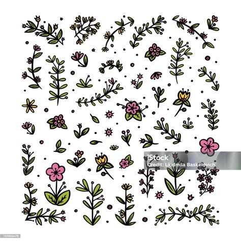 장식용 꽃 잎 가지 요소 다양한 디자인의 장식 꽃 무늬 낙서 벡터 일러스트레이션 꽃 식물에 대한 스톡 벡터 아트 및 기타 이미지 꽃 식물 덩굴 낙서 드로잉 Istock