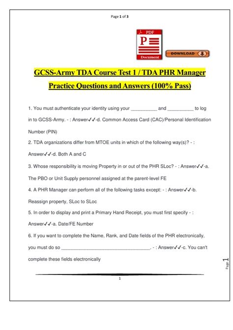 Gcss Army Tda Course Test 1 Tda Phr Manager Practice Questions And