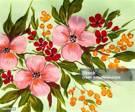 녹색 배경에 화려한 꽃을 추상화합니다 페인트 인상주의 스타일 꽃 그림 아크릴 구 아슈로 그림 디자인 또는 인쇄를 위한 꽃 배경의 손으로 그린 그림 예술에 대한 스톡 벡터