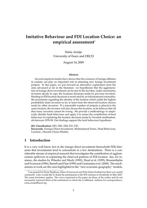 Pdf Imitative Behaviour And Fdi Location Choice An Empirical Assessment