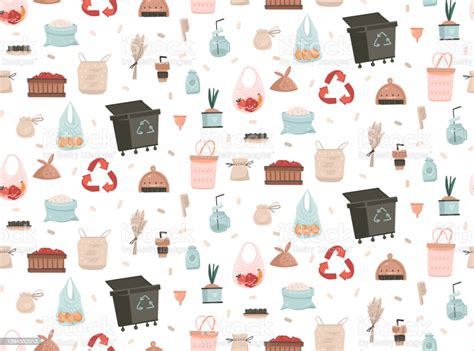 손으로 그린된 벡터 추상 만화 현대 그래픽 일러스트 아트 원활한 패턴 제로 폐기물 Ans 저장 행성 삽화 개념 흰색 배경에 고립