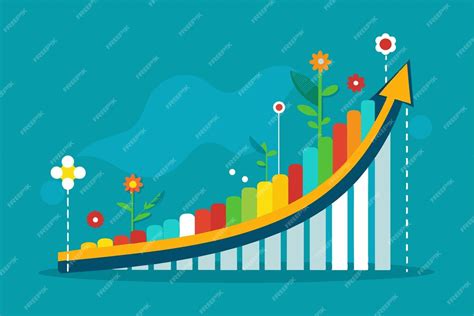 Semi Flat Design With Growth Curve Colorful Bars Yellow Arrow Flowers And Greenery For A Nature