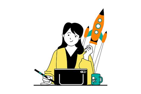 플랫 웹 디자인에서 사람들 장면을 가진 스타트업 비즈니스 개념 새로운 개발 계획을 세우고 회사 로켓을 발사하는 여자 소셜 미디어