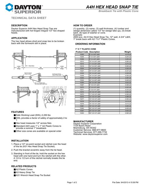 A4h Hex Head Snap Tie Technical Data Sheet Dayton Superior