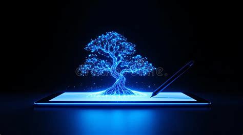 Digital Art Of A Glowing Tree Emerging From A Tablet Screen Stock