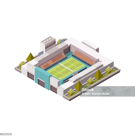 테니스 코트 잔디 커버 아이소메트릭 플랫폼 벡터 일러스트레이션 테니스 게임 낮은 폴리 열린 공간 3d 0명에 대한 스톡 벡터 아트 및 기타 이미지 Istock