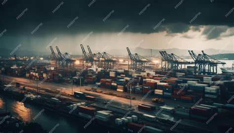 Premium Ai Image Container Ship Unloading Cargo At Commercial Dock Using Construction