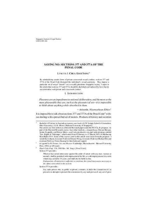 Pdf Saying No Sections 377 And 377a Of The Penal Code Lynette J Chua