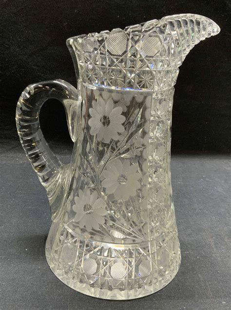 Etched Floral Cut Crystal Pitcher Auction