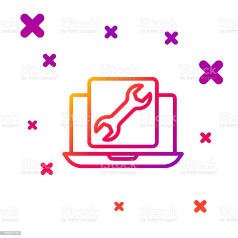 흰색 배경에 격리 된 렌치 아이콘이있는 컬러 라인 노트북 조정 서비스 설정 유지 보수 수리 고정 그라데이션 임의동적 셰이프 벡터 가능성에 대한 스톡 벡터 아트 및 기타