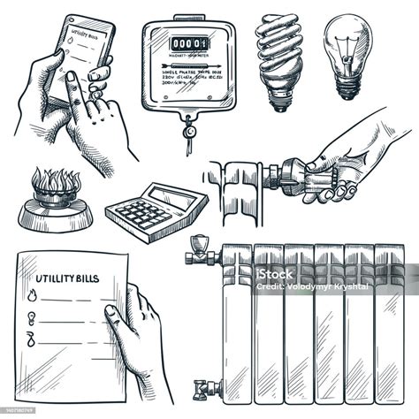 공과금 지불 디자인 요소 가스 송장 전기 계량기 및 난방 시스템의 벡터 스케치 일러스트 레이 션 에너지 효율에 대한 스톡 벡터 아트 및 기타 이미지 Istock
