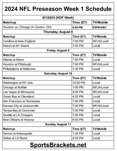 2024 Nfl Preseason Week 1 Schedule Printable Tv Schedules Sports