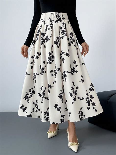 Womens Elegant Floral Print Pleated Skirt Autumn Printed Pleated